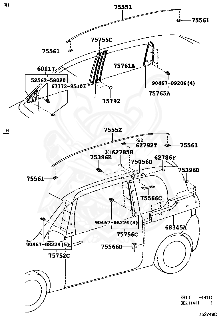 75561-52040 - Toyota - Clip, Roof Drip Side Finish Moulding, No.1 ...