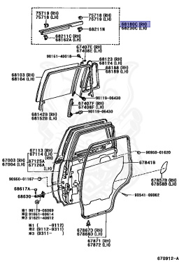 68180-89104 - Toyota - Weatherstrip Assy, Rear Door Glass, Outer Rh ...